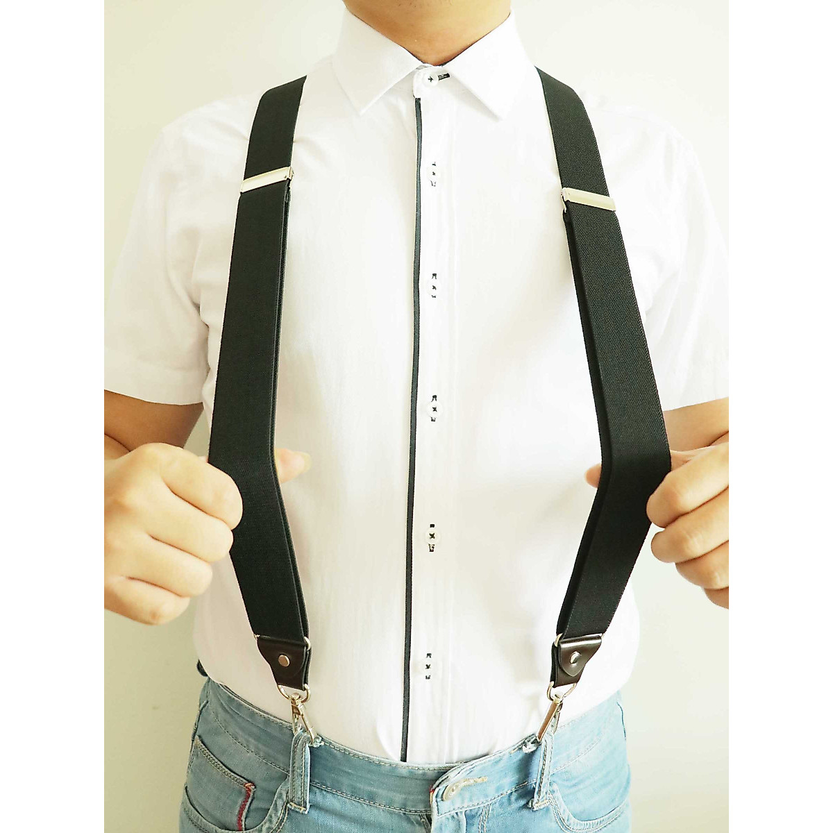 JIERKU Romanlin Mens Suspenders for Work 3 Swivel Hook Clips Y-Back for Groomsmen Leather Black