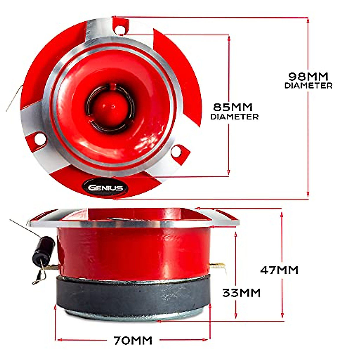 Genius Audio GPRO-T06 1", 35 Watts RMS - 150 Watts Max, Pro Audio Super Tweeter Speaker, Aluminum Diaphragm Car Audio Speaker, Ferrite Y25 Magnet, 4 Ohms (2 Speakers)
