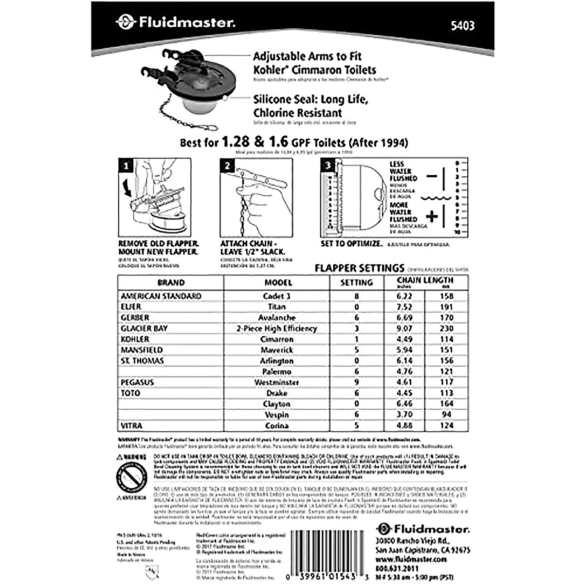 Fluidmaster 5403 Water-Saving Long Life Toilet Flapper for 3-Inch Flush Valves, Adjustable Solid Frame Design, Easy Install (Red)