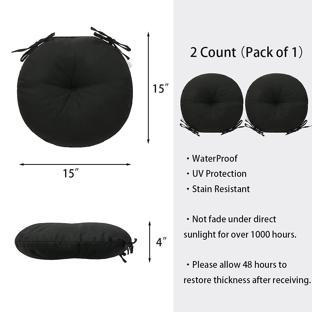 FUNHOME Bistro Chair Cushions with Ties,Tufted Patio Round Outdoor Seat Cushions 15"x15"x4"inch,Set of 2,Waterproof Patio Cushion 15 inch for Barstool Garden Kitchen Furniture(Black)