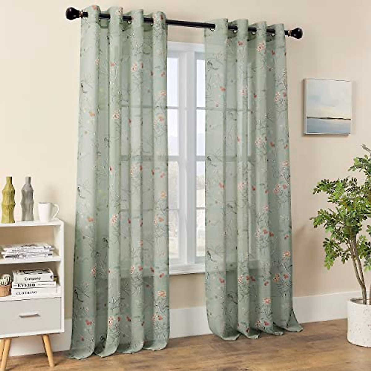 XTMYI Sage Green Curtains 84 Inch Length for Living Room 2 Panels Set Spring Design Printed Pattern Floral Bird Leaf Sheer Window Curtain Panels for Bedroom 84 Inches Long,Light Green