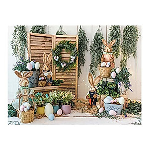 Funnytree 8x6ft Durable Fabric Happy Easter Photography Backdrop No Wrinkles Spring Wooden Wall Colorful Eggs Rabbit Background Baby Shower Kids Birthday Party Decor Portrait Banner Photo Booth Props