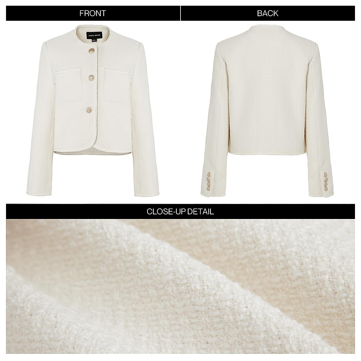 URBAN REVIVO Womens Tweed Blazers Jacket Cropped Long Sleeve Casual Suits Button Down Outwear with Pocket for Work White, X-Small