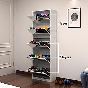 GLSCASA Modern Shoe Cabinet with Full Length Mirror, Freestanding Shoe Storage Organizer with 5 Flip Drawers, Separate 3 + 2 Tier Shoe Cupboard for Entryway, Dressing Room