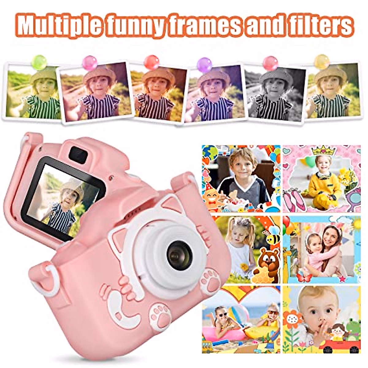 Vasttron Camera Toys for Kids 3 4 5 6 7 8 9 10 11 12 Years - Girls Boys Gift Digital Selfie Cameras Toddler Pink/Blue Cute Cat Camcorder Video Game Tools Children Electronics Toy with 32GB SD Card
