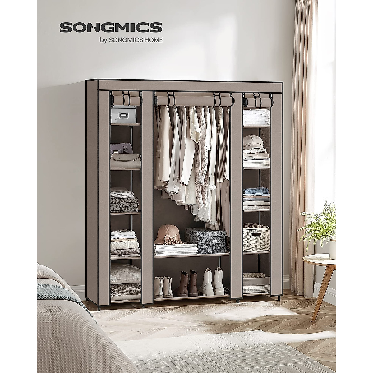 SONGMICS Closet Wardrobe, Portable Closet for Bedroom, Clothes Rail with Non-Woven Fabric Cover, Clothes Storage Organizer, 59 x 17.7 x 69 Inches, 12 Compartments, Taupe ULSF003R02