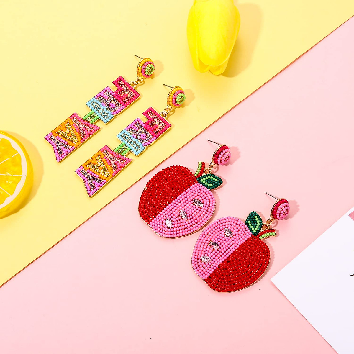 2 Pairs Teacher Earrings for Women, Beaded Fri-Yay Pencil Earrings Drop Dangle Earrings Teacher Appreciation Gifts Teacher Jewelry Gifts (FRI-YAY&Apple)