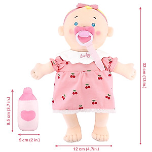 GAGAKU Lovely Baby Doll 12 inch, Soft Plush Doll for Girls Stuffed Huggable Doll Rag Cuddly Doll with Magic Magnetic Pacifier Simulated Baby Bottle for Kids