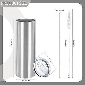YOUKE OLA 16 Pack Stainless Steel Skinny Tumblers Blank Bulk Straight Double Wall Insulated Tumbler with Lid and Straw for, DIY Gift, 20oz Silver
