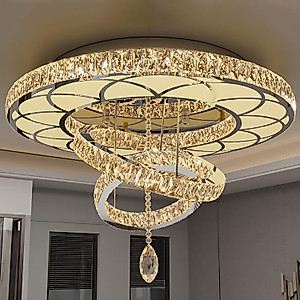 Flashing God W40inches Big Crystal Chandeliers Lampara De Sala Grande Moderna Flush Mount Large Pendant Chandeliers High Ceiling Chandelier for Living Room Dining Room Bedroom LED Dimmable 2700-6000k