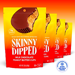 SkinnyDipped Milk Chocolate Peanut Butter Cups, 4g Sugar, Low Sugar, No Palm Oil, Gluten Free, 3.2oz Bag, 4 Pack (24 Cups Total)
