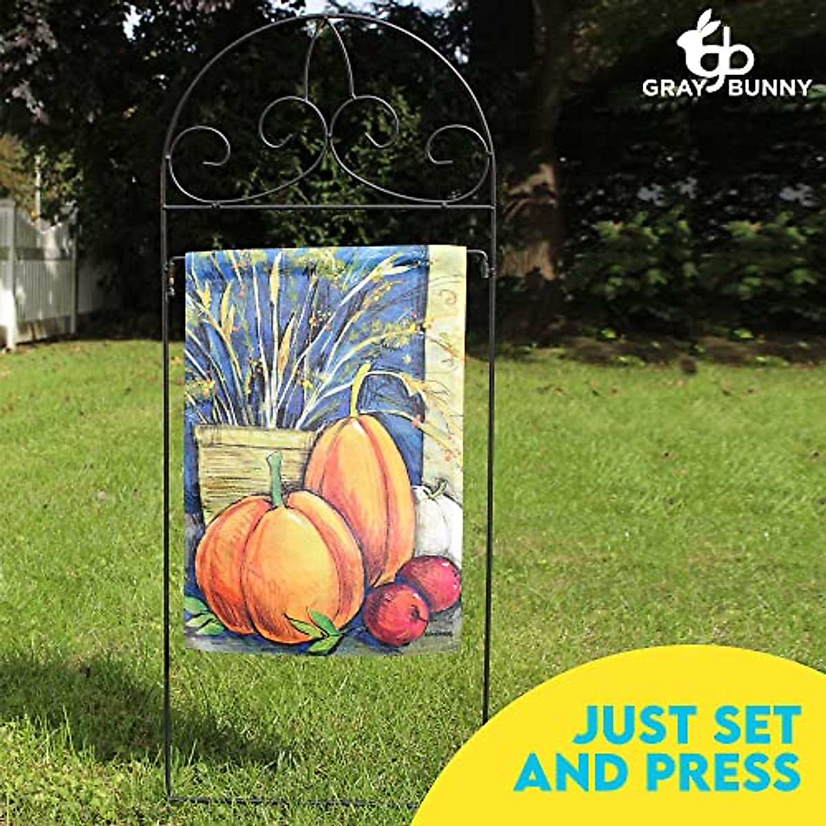 Garden Flag Stand, Premium Flag Arbor, Cast Iron, 15” wide X 50.5” tall, No Stoppers or Clips required, Fits 12” X 18” Garden Flags