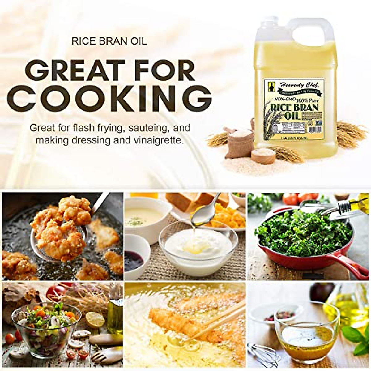 RICE BRAN OIL | 1 Gallon (128 Ounces) | Kosher | All- Natural, Made from 100% Non-GMO Rice | Rich in Vit E and Gamma Oryzanol | Unfiltered, No Trans Fat | by Heavenly Chef