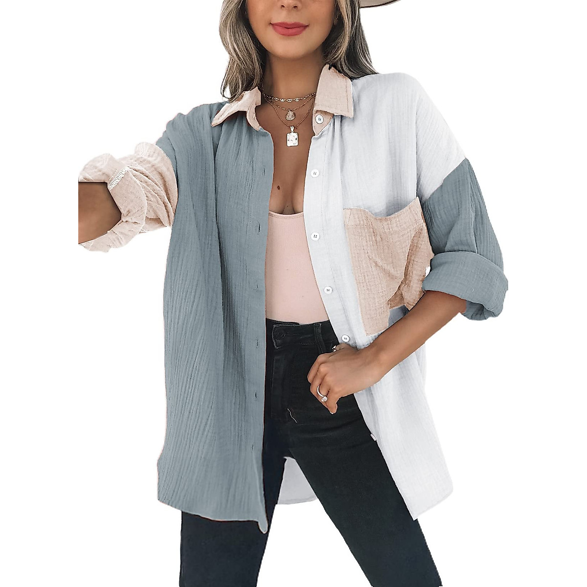 Dokotoo Women's Cute Spring Button Down Lightweight Soft V Neck Collared Long Sleeve Shirts for Women Casual Loose Fashion Summer Blouses Tops with Pockets Grey L