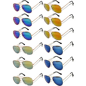 OWL Wholesale 12 Pack Aviator Gold Frame Sunglasses Full Color Mirror Lens Blue, Blue-Green, Red, Yellow UV400