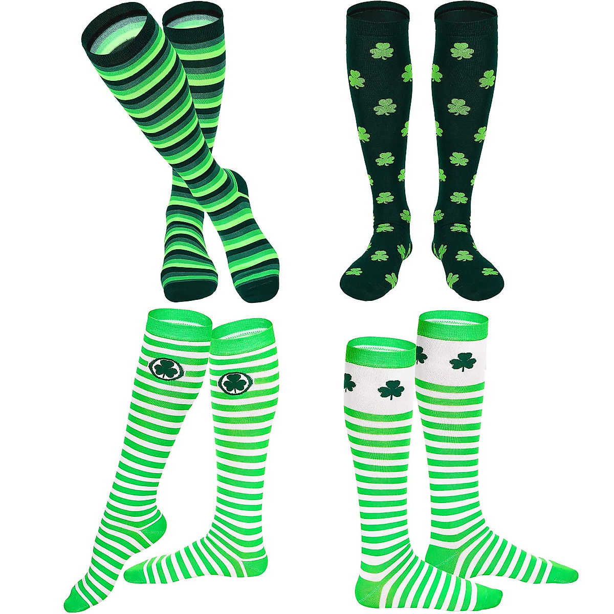 JaGely St. Patrick Day Sock 4 Pairs Green Striped Socks Shamrock Athletic Running Knee Thigh High Stockings Long Tube Socks for Women