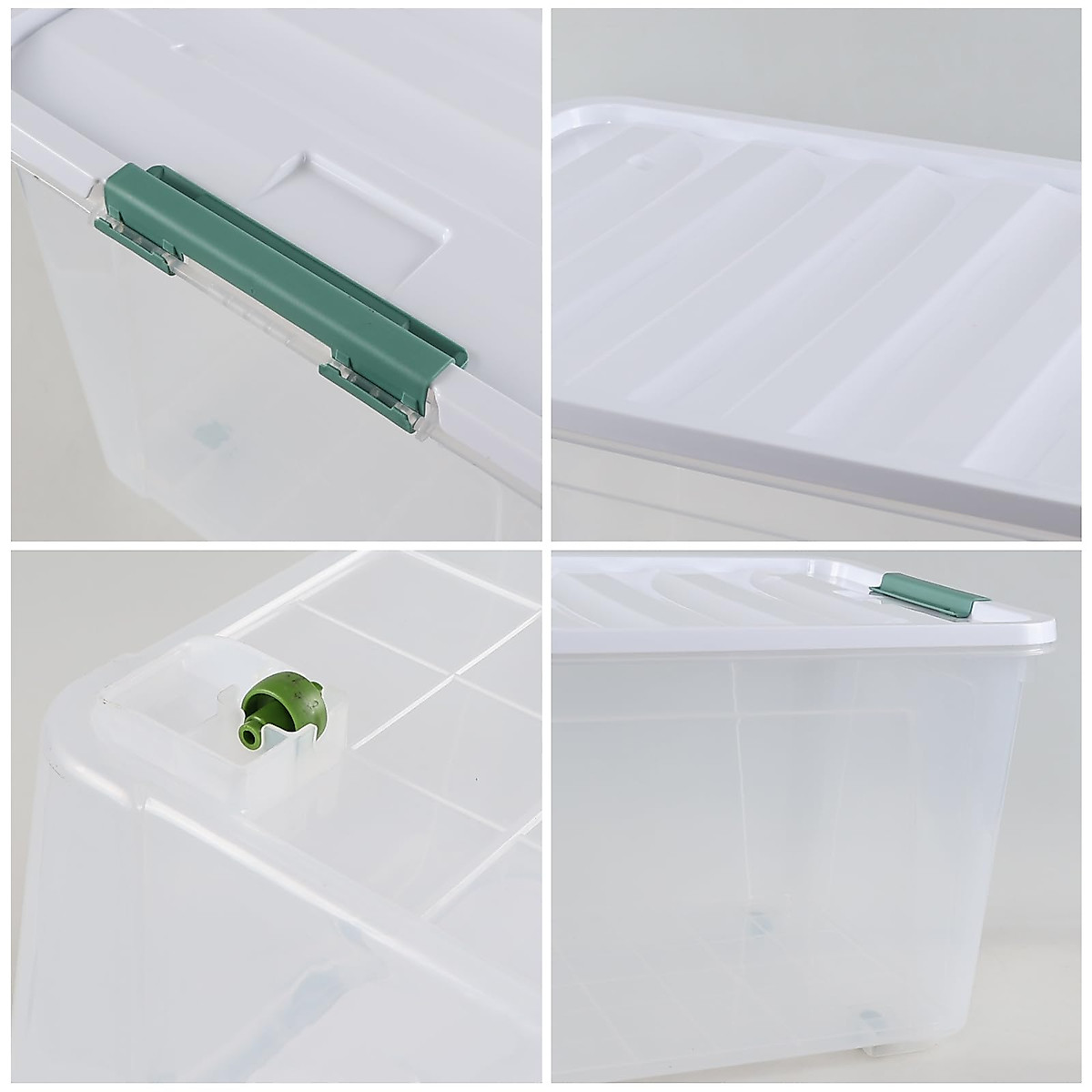 Qskely 80 L Large Clear View Plastic Storage Bin with Lid and Secure Latching Buckles, 4-Pack Wheeled Clear Storage Boxes