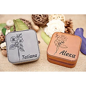 Personalized Leather Jewerly box, Birth Flower Month Customized Leather Jewelry Box with Name, Birthday Gifts for Women, Jewelry Travel Case - Bridesmaids, Graduation gifts (Teal)