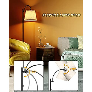 Floor Lamp for Living Room，Modern Lamp with Rotary Switch, Adjustable Tall Standing Reading Lamp with Hanging Linen Shade for Bedroom, Office, Black（3 Color Temperatures Bulb Included ）