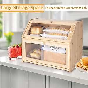LEIMO KPARTS Bread Storage Farmhouse Bread Box For Kitchen Countertop,Double Layer Bamboo Wooden BreadBox Large Capacity Bin Bread Holder For Kitchen Counter Bread Container With Clear Window