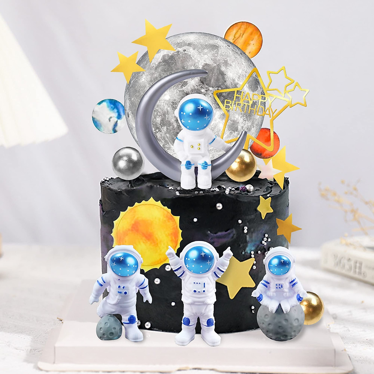 34 PCS Space Cake Toppers Outer Space Astronaut Figurines Planet Satellite Balls and Stars Kids Space Theme Decorations for Birthday Party Supplies Baby Shower (Planet)