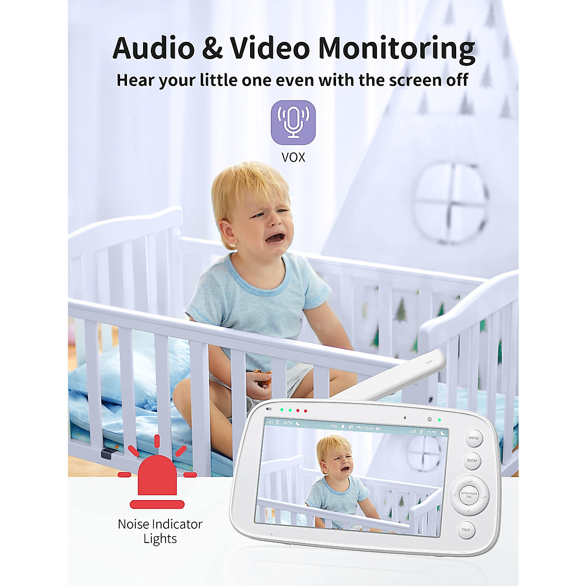 Video Baby Monitor, 5” Split Screen Video Baby Camera with 720P Resolution, Pan-Tilt-Zoom Camera and Audio with Two-Way Talk, VOX Mode, 4500mAh Battery, Auto Night Vision, No Wi-Fi, 5 Lullabies