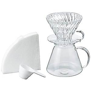 Hario "Simply Glass V60 Pour Over Set with Glass Server, Scoop and Filters, Size 02, Clear