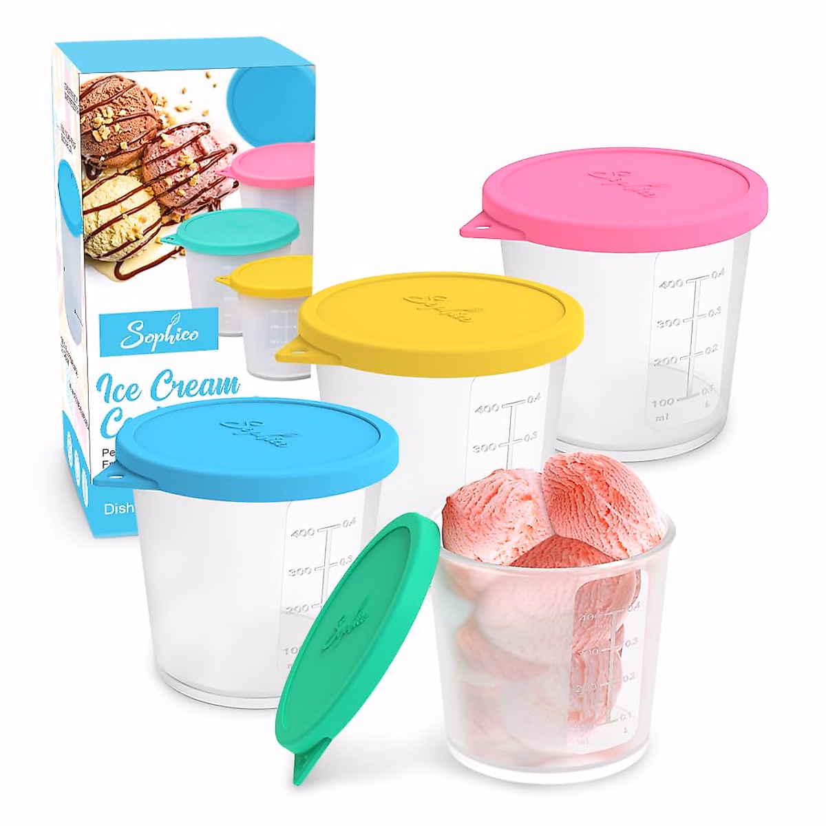 SOPHICO Ice Cream Pint Containers with Silicone Lids, Freezer Food Storage Tubs for Homemade IceCream, Meal Prep, Yogurt and Soup, Airtight & Dishwasher Safe (MEDIUM, 4 Pack)