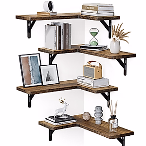 AMADA HOMEFURNISHING Corner Floating Shelves, Set of 4 Corner Wall Shelves, Shelves for Wall Decor, Corner Wood Shelves for Home Decor, Office, Bedroom, Bathroom, Laundry Room, Kitchen, Brown
