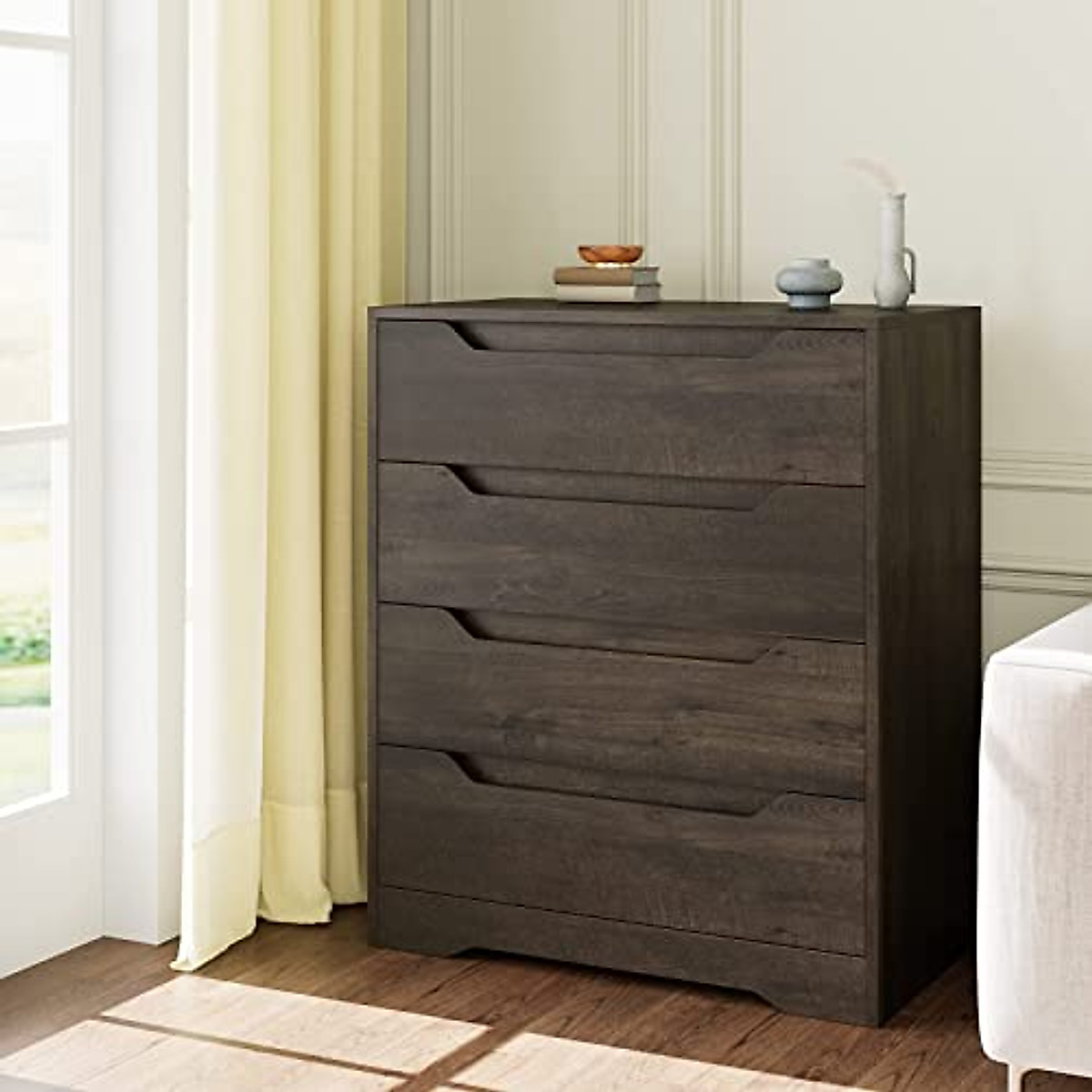 HOSTACK Modern 4 Drawer Dresser, Chest of Drawers with Storage, Wood Clothing Organizer with Cut-Out Handles, Accent Storage Cabinet for Living Room, Bedroom, Hallway, Dark Brown