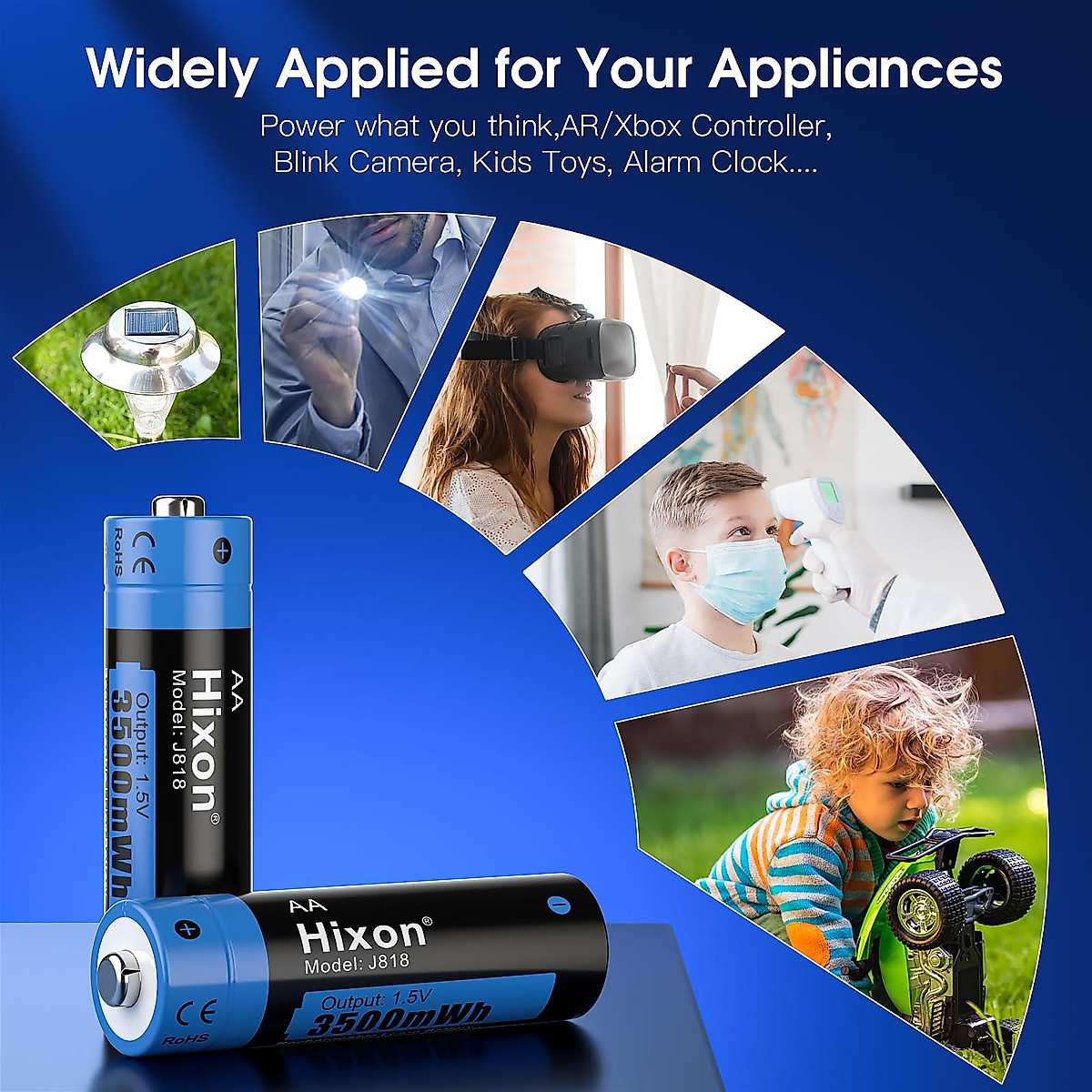 Hixon 12-Pack AA Rechargeable Lithium 1.5V Batteries with Charger,3500mWh,1600Cycles,3A Max Discharge Current,2H Fast Charge,Constant Output.