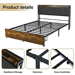 Catrimown Full Size Bed Frame with Charging Station and Storage Headboard, Platform Bed Frame Full Size with Storage Drawers, No Box Spring Needed/Strong Slat Support/Easy Assembly, Rustic Brown