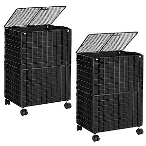 ELYKEN 2 Pack Laundry Hamper with Lid and Wheel, Rolling Metal Wire Frame Dirty Clothes Basket for Small Bathroom, 61L Capacity Liner Bag with Handle, Heavy Duty Steel Cover Bedroom Organizer Black