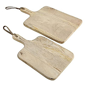 Artisinal Kitchen Natural Wood Cutting Boards, Set of 2, Mango Wood, Stitched Leather Hanging Straps, Each Over 1 Ft 16 1/2 and 14 1/2 Inches Long, by WHW