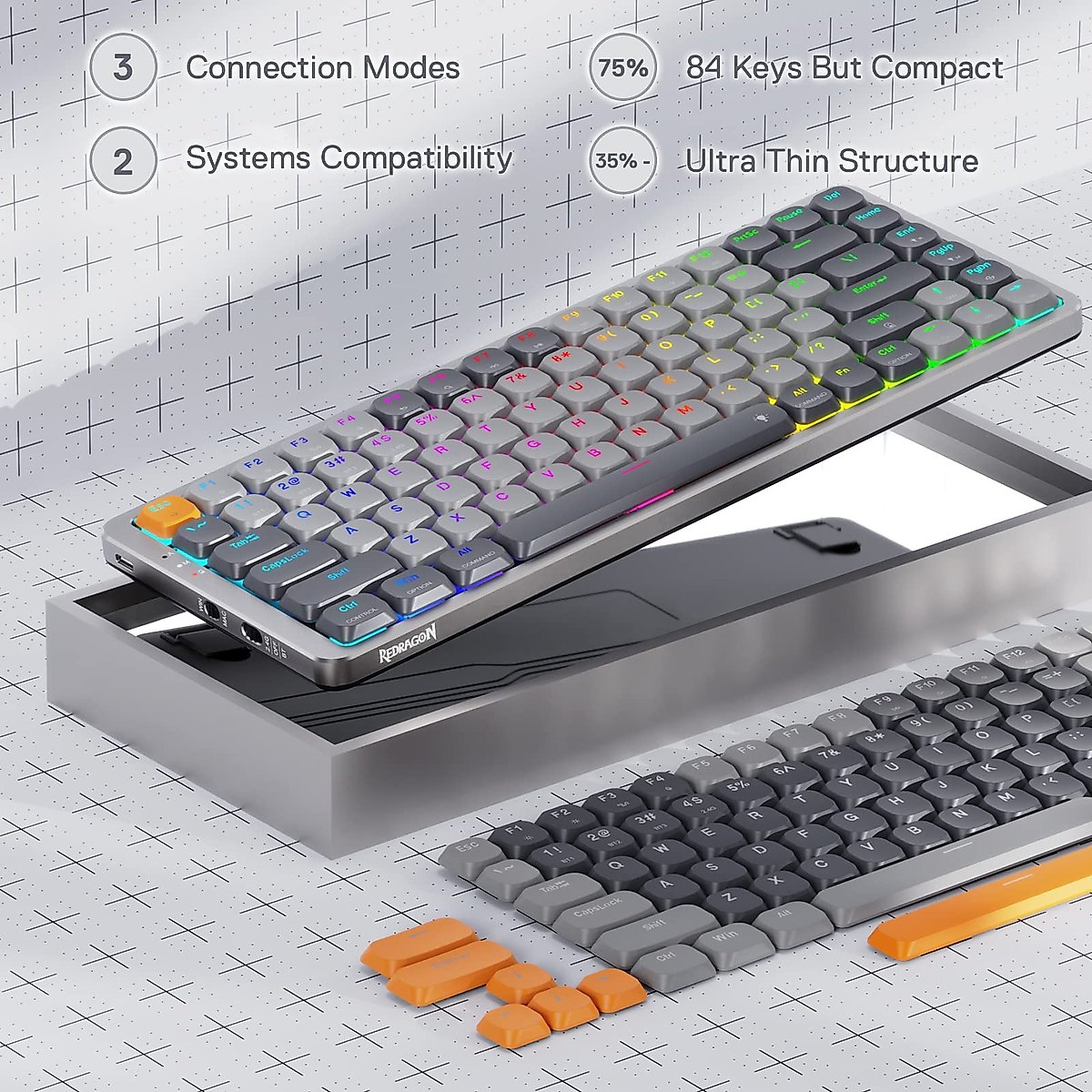Redragon K652 75% Wireless RGB Mechanical Keyboard, Tri-Mode 84 Keys Ultra-Thin Gaming Keyboard w/Aluminum Top Plate, 100% Supported Win/Mac System & Low Profile Brown Switch