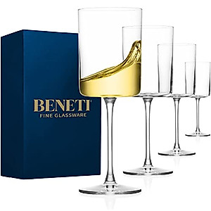 BENETI Large Square Wine Glass Set of 4-14 oz European-Made Hand Blown Glass White Wine Goblets w/Laser-Cut Rim, Dishwasher-Safe Crystal Clear Red Wine Glass Gift Set
