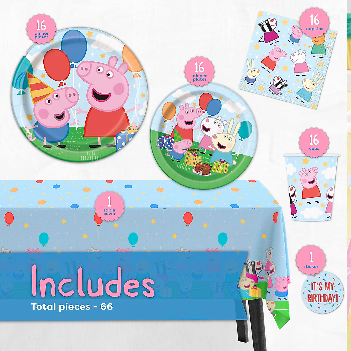 Peppa Pig Birthday Party Supplies, Peppa Pig Party Supplies and Decorations for 16 Guests, With Table Cover, Plates, Napkins, Cups and Sticker