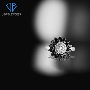 JEWELEXCESS 1.00 Carat T.W. Round cut Black & White Diamond SunFlower Sterling Silver Ring