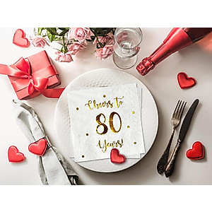 Cheers to 80 Years Cocktail Napkins | Happy 80th Birthday Decorations for Men and Women and Wedding Anniversary Party Decorations | 50-Pack 3-Ply Napkins | 5 x 5 inch folded (White)