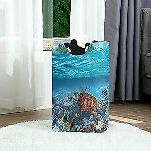 XLING Collapsible Laundry Basket Tropical Fish Ocean Animal Turtle,Foldable Laundry Hamper Washing Clothes Basket Bin Storage Bag Organization with Handles