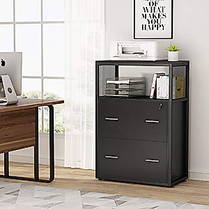 Tribesigns 2 Drawer Lateral File Cabinet with Lock, Letter/Legal / A4 Size, Large Modern Filing Cabinet Printer Stand with Metal Wire Open Storage Shelves for Home Office (Black)