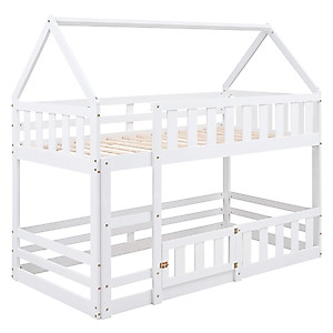 SOFTSEA Twin Over Twin House Bunk Bed, Solid Wood Bunk Bed Frame with Guardrails, Door and Ladder for Boys and Girls Bedroom, No Box Spring Needed, Easy Assembly, White