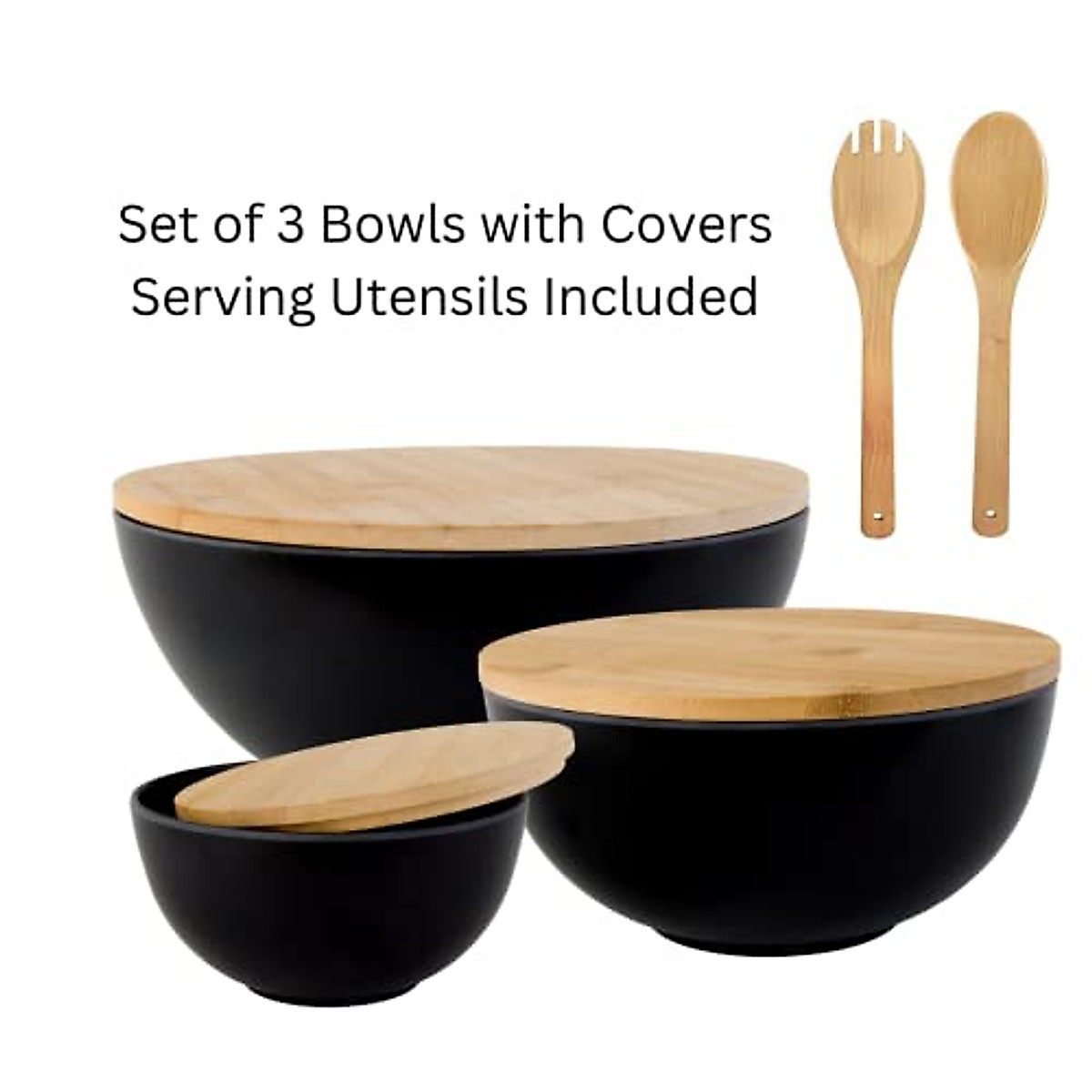 Salad Bowl Set with Lids, Bamboo Fiber Serving Bowls with Cutting Board Lids - Bowls for Kitchen - Preparing & Serving Fruits, Veggies, Chips, Dips & More, Mixing Bowl Set with Serving Utensils