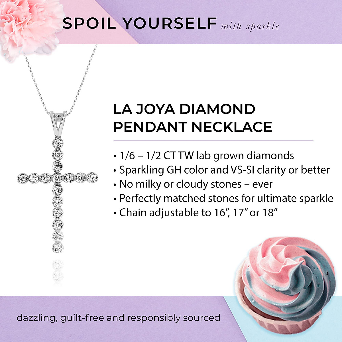 Lab Grown Cross Diamond Necklace For Women | 1/2 CTTW Real White Gold Plated 925 Sterling Silver Diamond Pendant Necklace | Ideal Gift for Women