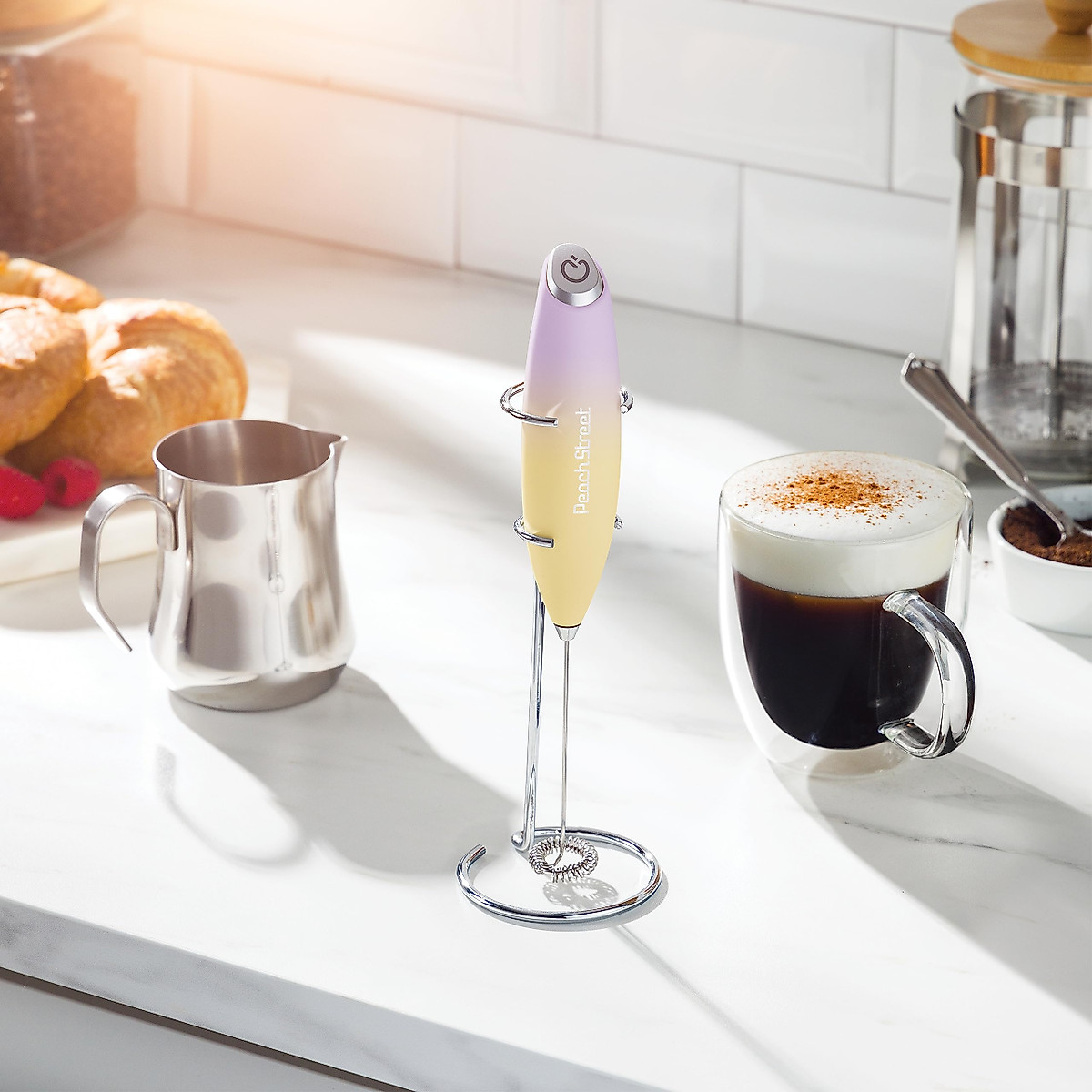 Powerful Handheld Milk Frother, Mini Milk Foamer, Battery Operated (Not included) Stainless Steel Drink Mixer with Frother Stand (Lavender Banana)