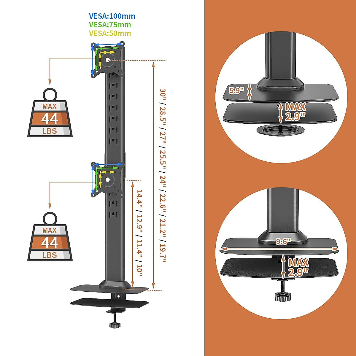 HEMUDU Dual Monitor Articulating Desk Mount Arm Stand - Vertical Stack Screen Supports Two 13 to 34 Inch & Monitor Mount Reinforcement Plate