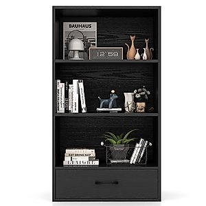 LOKO 4-Tier Bookcase with Storage Drawer, Modern Organizer Display Storage Shelves with Anti-toppling Device, Freestanding Bookshelf with 3 Open Shelves & 1 Drawer, Living Room, Study, Office (Black)