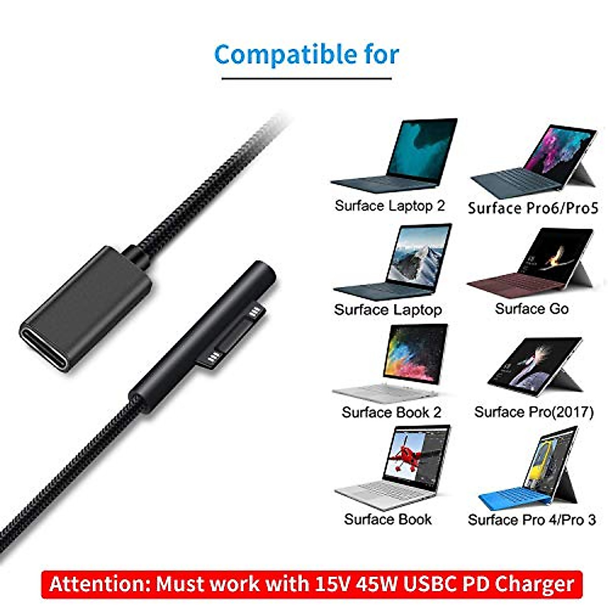 Sisyphy Surface Connect to USB C Charging Cable (Matte Black, Nylon 0.7ft), Compatible for Microsoft Surface Pro 7/6/5/4/3 Go 4/3/2/1 Laptop Book, Work with 45W 15V3A PD Charger and USB Type C Cable