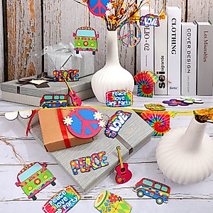 36 Pieces 60 70's Hippie Groovy Party Tie Dye Birthday Wooden Hanging Ornaments Hippy Retro Flower Peace Sign Wooden Hanging Ornaments for 60's Vibe Party Decoration DIY Craft