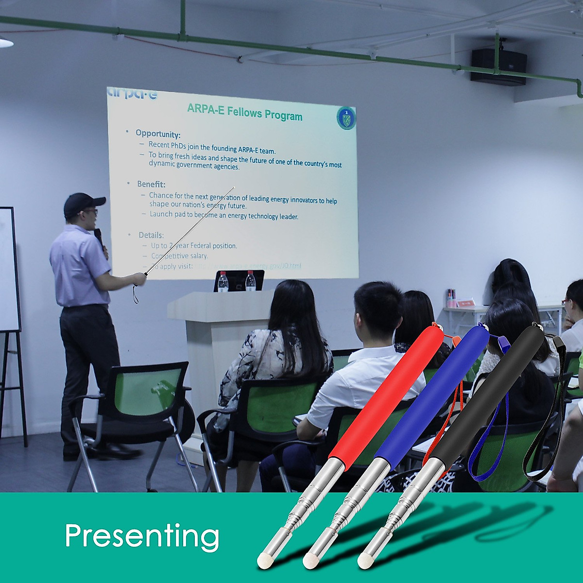 Alcoon 3 Pack Telescopic Teachers Pointer Retractable Handheld Presenter Extendable Classroom Whiteboard Pointer with Lanyard for Teachers, Coach, Presenter, Extends to 39 Inch (Black, Red, Blue)